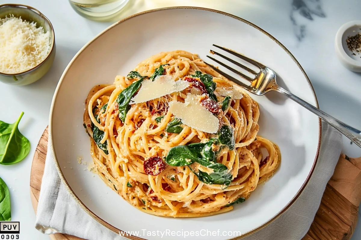 Spaghetti & Spinach with Sun-Dried Tomato Cream Sauce - Tasty Recipes Chef