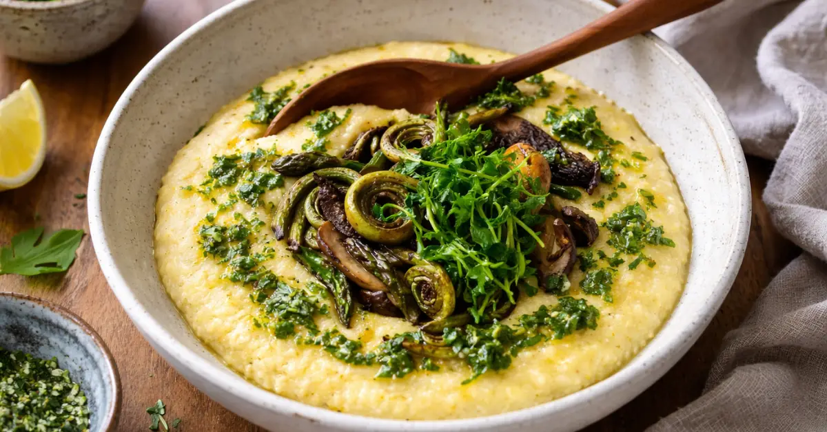Creamy Polenta with Spring Veggies - Comforting Vegetarian Meal