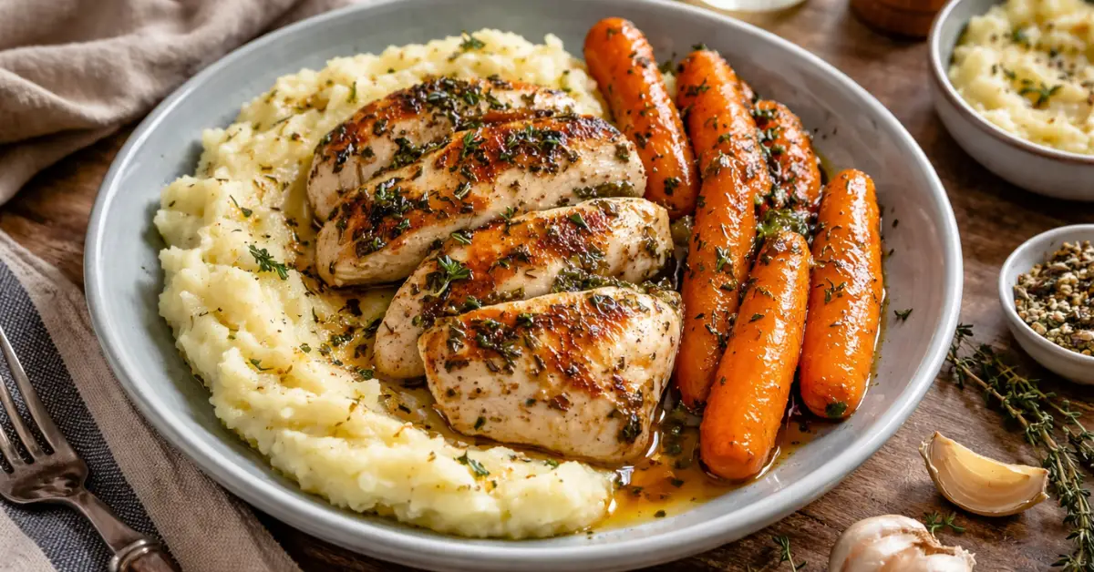 Garlic Herb Chicken with Mashed Potatoes and Glazed Carrots